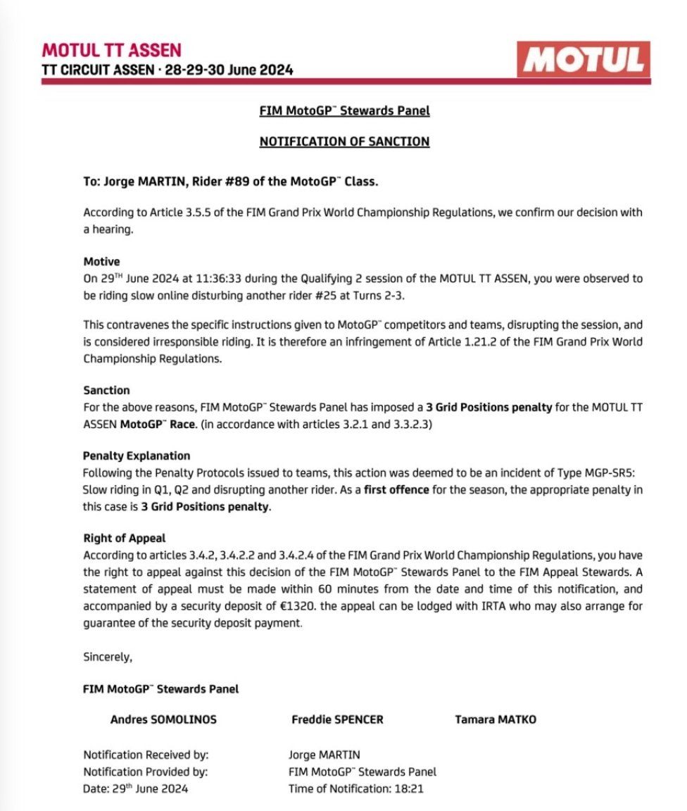 MotoGP, Jorge Martin sanctioned: three grid positions in tomorrow's ...
